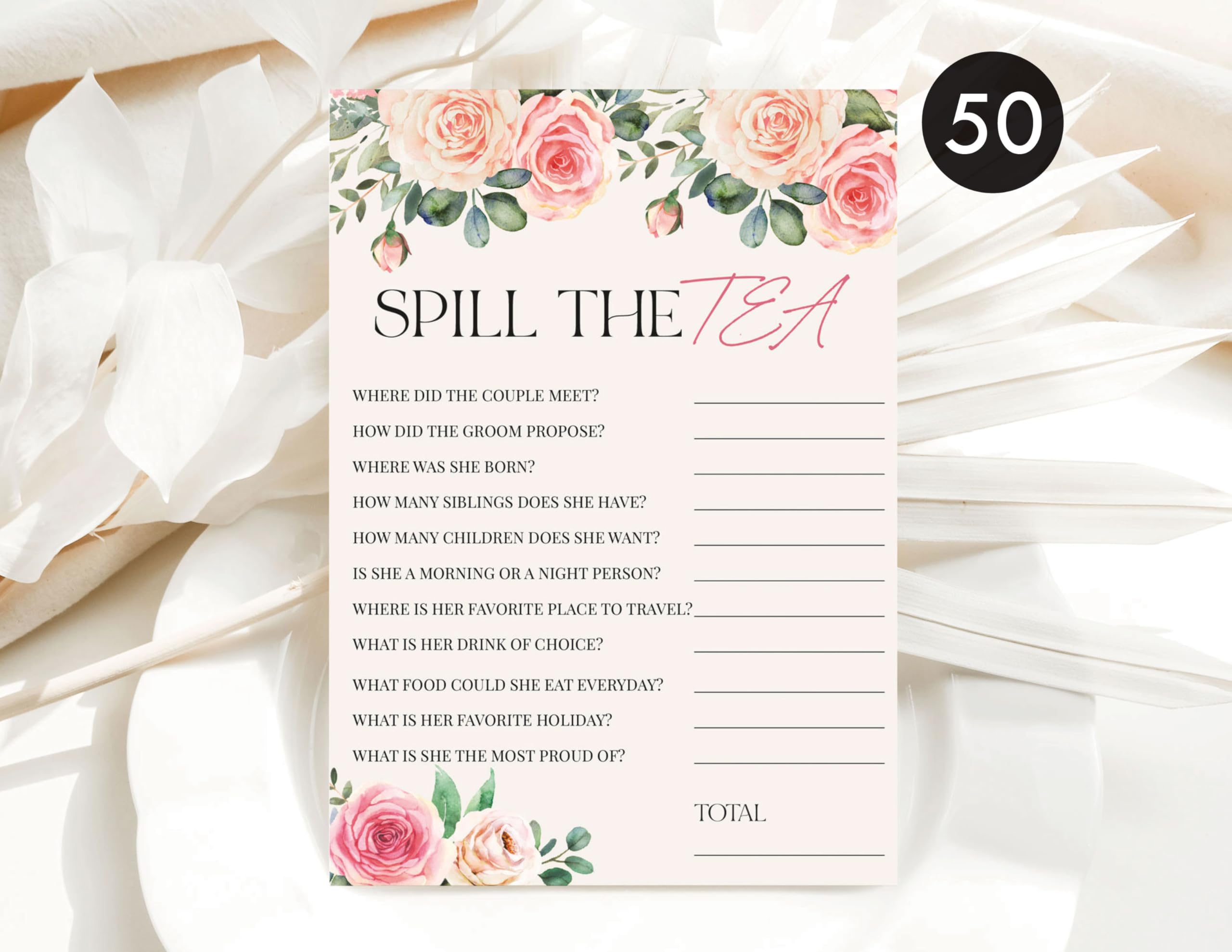 50 Spill The Tea Party (50-Cards) Fun Bridal Shower Game Activity, Who Knows the Bride Best, Decorations, Engagement Party, Rehearsal Dinner, Bridgerton