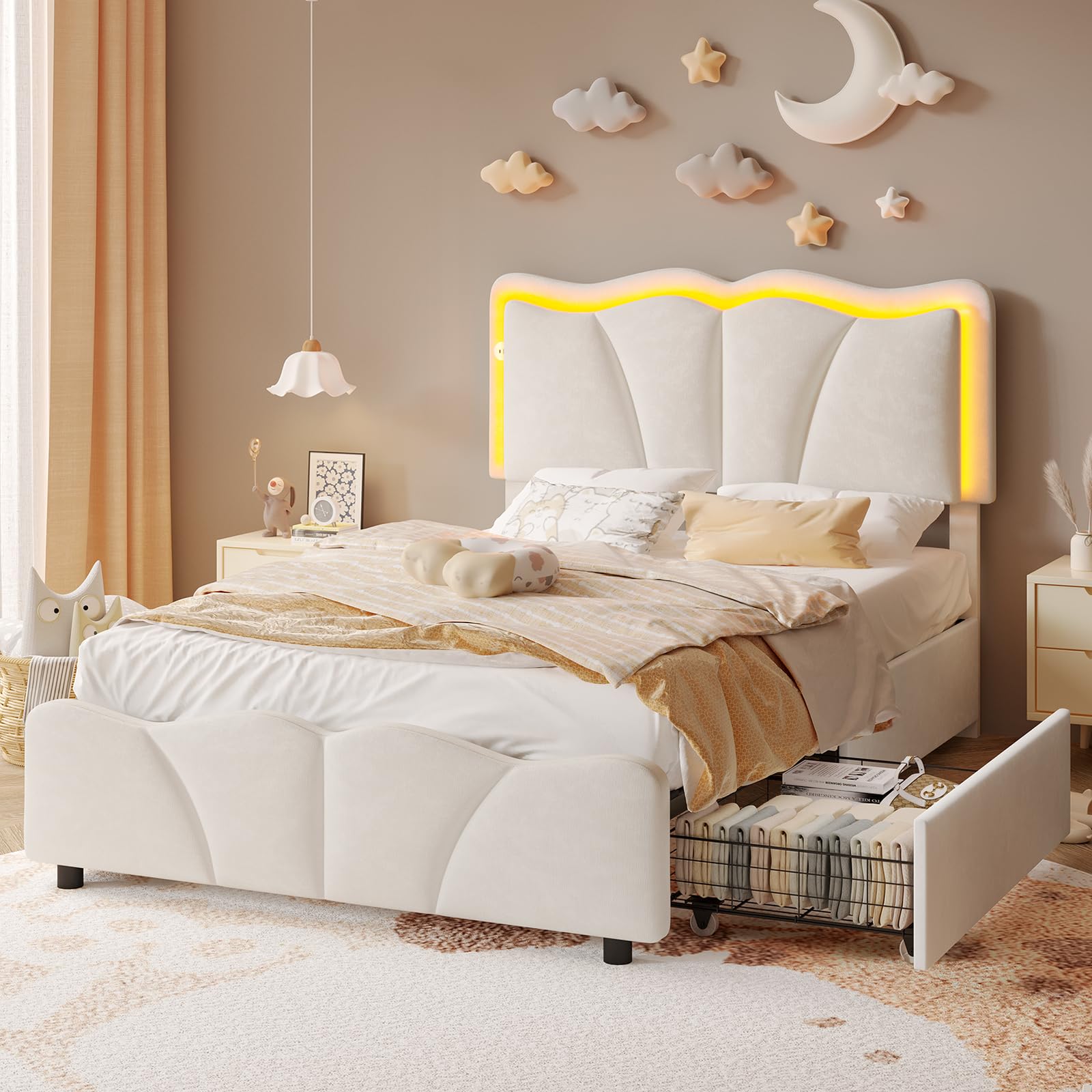 AOGLLATI Twin Bed Frame with 4 Storage Drawers & Charging Station,Upholstered Led Flower Twin Bed with Adjustable Headboard and Strong Wood Slat Support,No Spring Box Needed, Beige