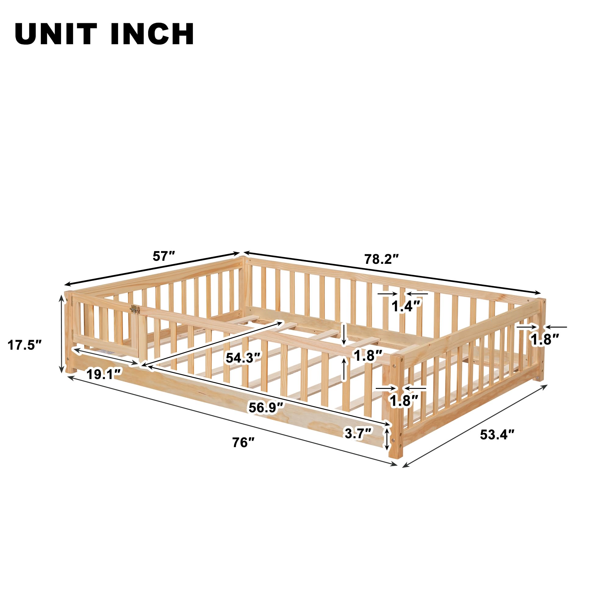 PVWIIK Full Size Montessori Floor Bed Frame with Convertible Door & Wood Slats for Kids,Wood Montessori Bed with Safety Guardrails for Girls & Boys,Natural