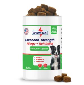 sparktek allergy soft chews supports dog seasonal allergies-hot spots-itch relief - enhanced with omega-3 fatty acids,tumeric root,grape seed extract,quercetin,pumkin powder to help the immune system