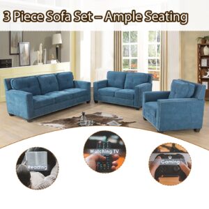 XRYZHC 1+2+3 Modular Sofa Set,Blue Linen 3-Piece Living Room Sofa Set, Including Single Chair, Loveseat, 3-Person Sofa,Rectangular Armrests,Rivet Decoration