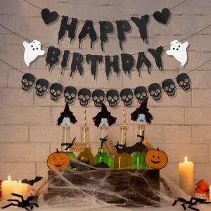 Glitter Halloween Birthday Banner, Heart Ghost Skull Halloween Happy Birthday Party Decorations Spooky Happy Birthday Garland Sign for Party Baby Shower Decor Supplies