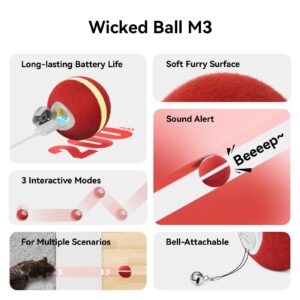 Cheerble 【2025 Upgrade】 Interactive Cat Ball Toy, Wicked Ball M3, Automatic Moving Ball Toy for Indoor Cat Kitten, Smart Anti-Depression Pet Toy Fun Gift with Light