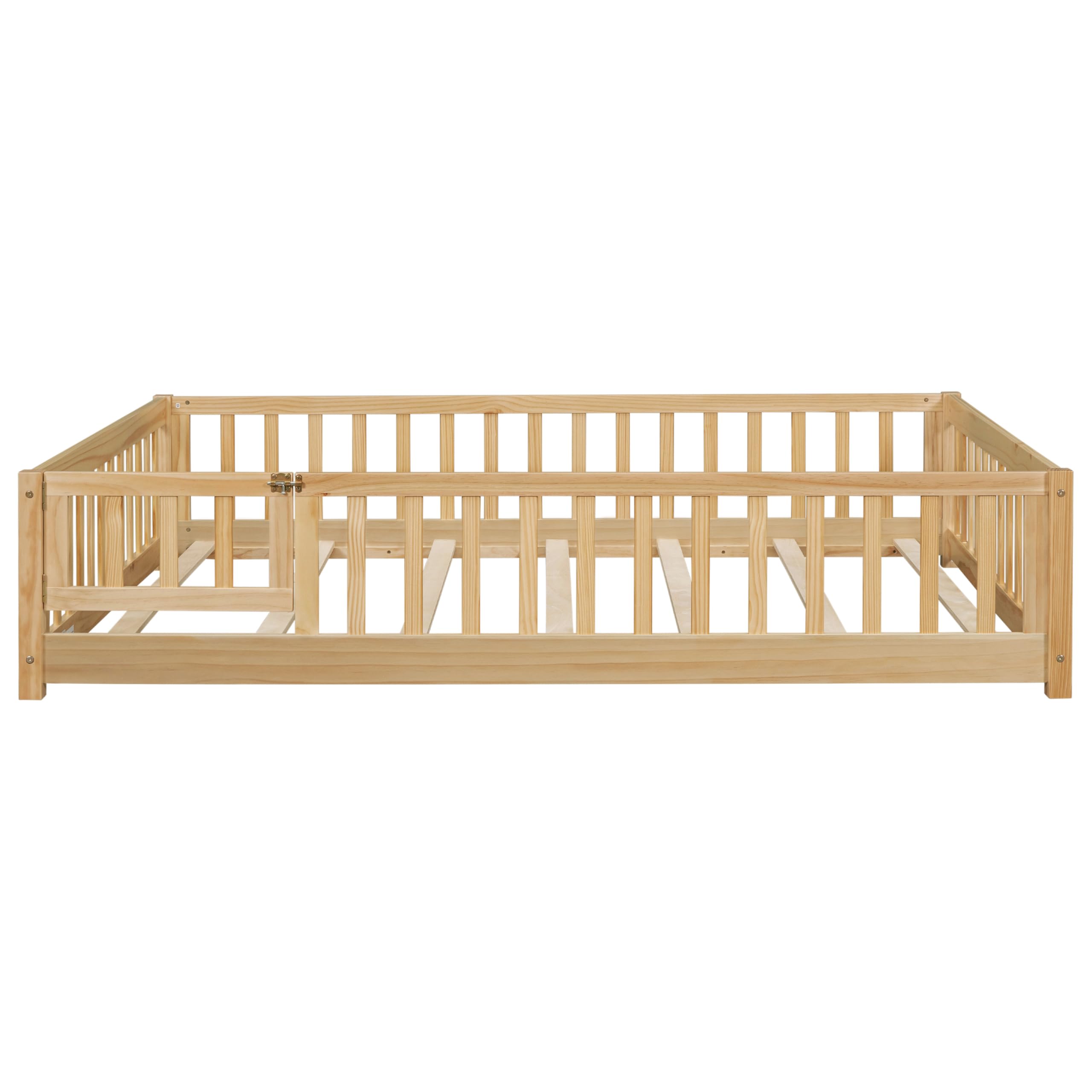 PVWIIK Full Size Montessori Floor Bed Frame with Convertible Door & Wood Slats for Kids,Wood Montessori Bed with Safety Guardrails for Girls & Boys,Natural