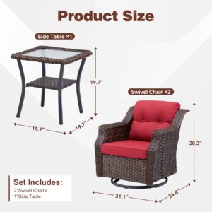 Outdoor Swivel Rocker Chair Set of 2, All Weather Wicker Glider Rocker Set, PE Rattan Swivel Rocking Chair with Side Table for Yard Balcony Deck Porch (Red, 3PC-Swivel Gliders & Side Table)