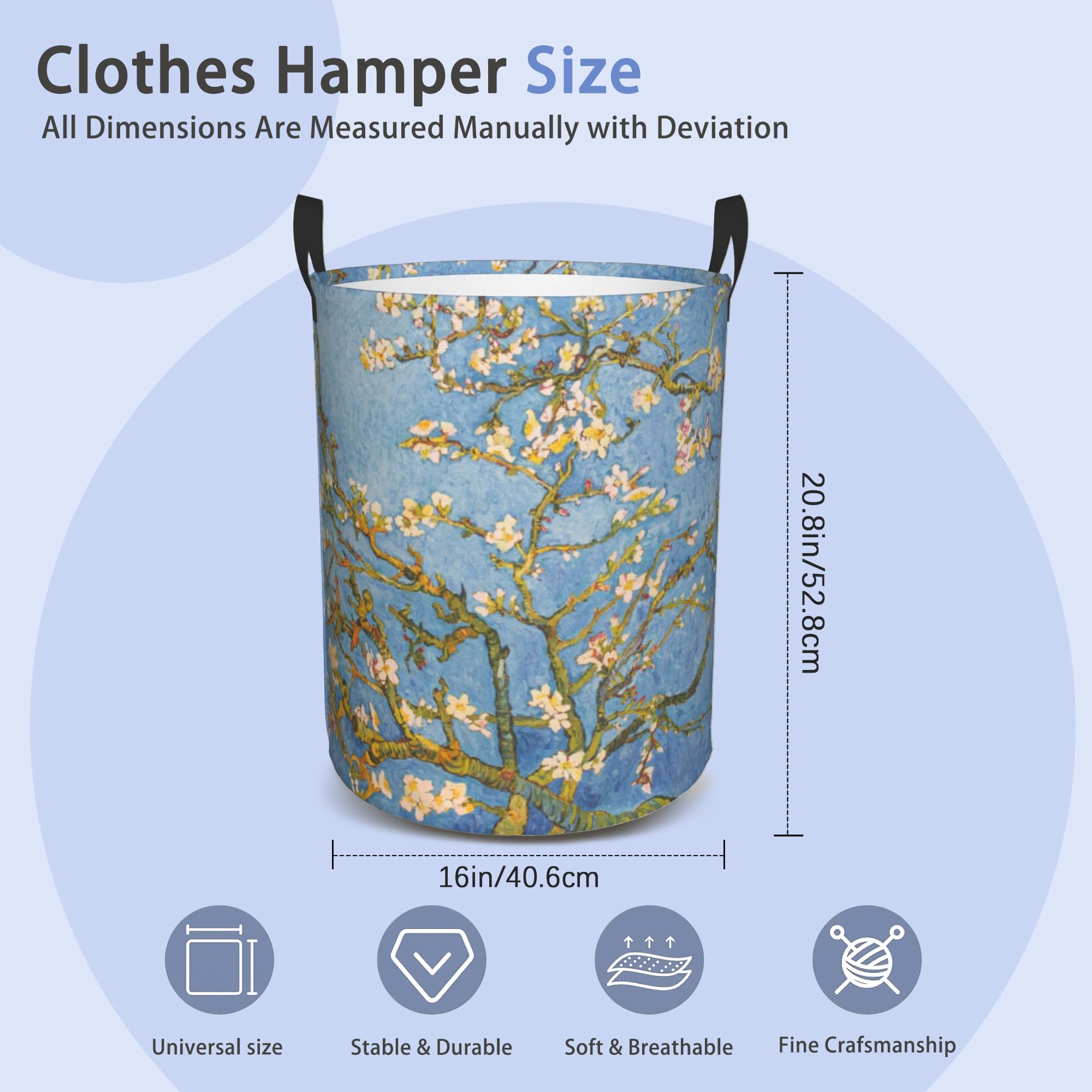 Laundry Basket, Large Waterproof Laundry Hamper with Handle Round Oxford Cloth Foldable Storage Box for Clothes Storage, Room Decoration, Toy Storage, Gift Basket(Van Gogh Almond Tree Blossom)