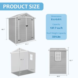 COCLUB 6x4.4FT Resin Shed Plastic Shed Outdoor Storage Shed with Floor,Resin Outdoor Shed with Window, Lockable Door Side Window, Front & Rear Vents for Garden, Backyard, Patio-Light Gray