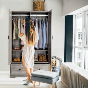 Bonnlo 38" Wide Armoire Wardrobe Closet with Hanging Rod, Adjustable Shelves and Drawer, Freestanding Wardrobe Closet with Doors, Bedroom Armoires and Wardrobes, Rustic Grey, 38" W x 20.5" D x 65" H