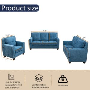 XRYZHC 1+2+3 Modular Sofa Set,Blue Linen 3-Piece Living Room Sofa Set, Including Single Chair, Loveseat, 3-Person Sofa,Rectangular Armrests,Rivet Decoration