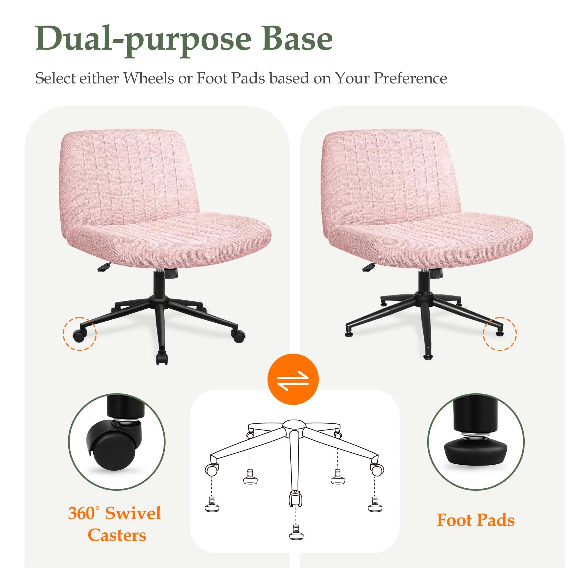 Orange Factory Criss Cross Chair with Wheels, Armless Cross Legged Office Desk Chair, Wide Comfy Vanity Rolling Swivel Modern Comfortable Fabric Computer Task Chairs for Home Office (Pink)