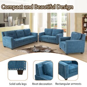 XRYZHC 1+2+3 Modular Sofa Set,Blue Linen 3-Piece Living Room Sofa Set, Including Single Chair, Loveseat, 3-Person Sofa,Rectangular Armrests,Rivet Decoration