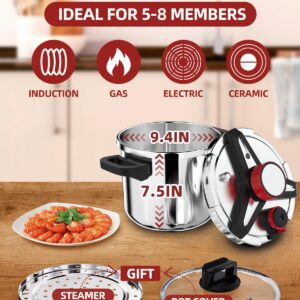 3-In-1 304 Stainless Steel Pressure Cooker 8 QT: [Explosion-Proof] [3 PSI Settings], One-Hand Locking, Induction Compatible, Glass Lid & Steamer Rack Included, Olla de Presion