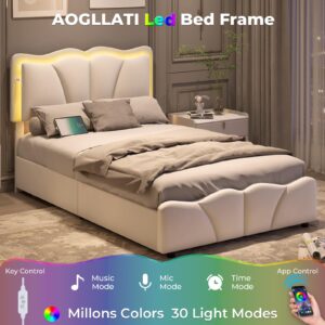 AOGLLATI Twin Bed Frame with 4 Storage Drawers & Charging Station,Upholstered Led Flower Twin Bed with Adjustable Headboard and Strong Wood Slat Support,No Spring Box Needed, Beige