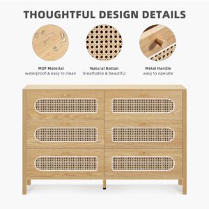 DWVO Natural Rattan 6 Drawer Dressers - Oak Wooden Dresser Chest of Drawers with Golden Handles - Modern Large Closet Boho Dressers Storage Cabinet for Living Room/Hallway/Entryway