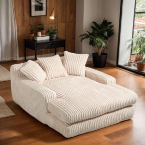 Anwick Oversized Chaise Lounge Chair Indoor, Corduroy Sleeper Loveseat Sofa with 3 Pillows and Armrest for Living Room Office, Double Cushion, No Assembly (Beige)