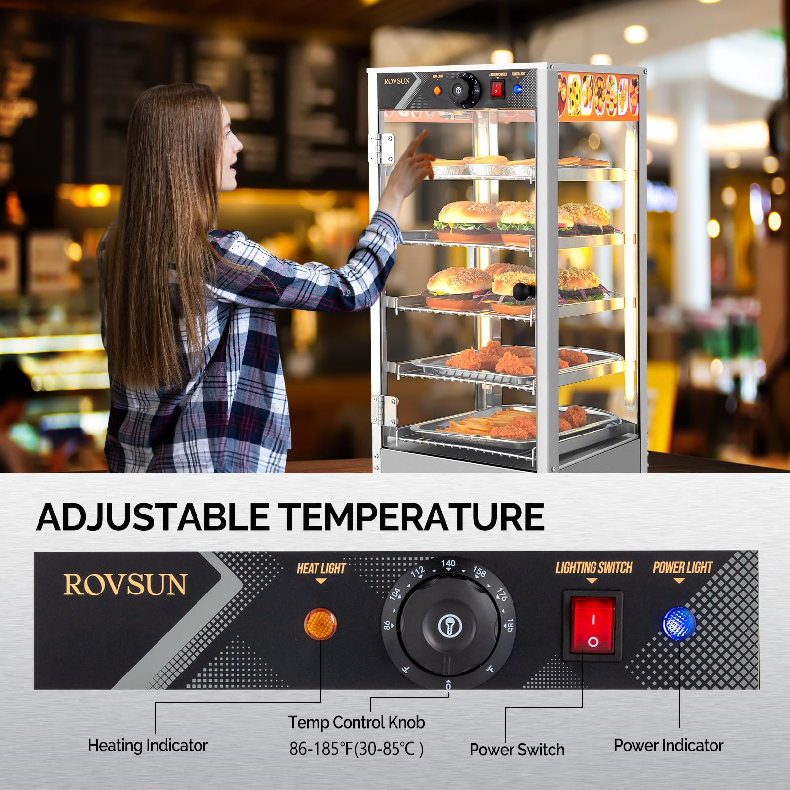 ROVSUN Food Warmer Display Pizza Warmer, Commercial Countertop Food Warmer Electric Pretzel Warmer with Removable Shelves LED Lighting Glass Door for Restaurant Buffet 800W (5 Tiers)