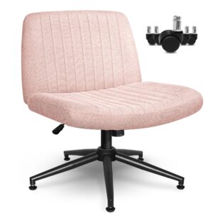 Orange Factory Criss Cross Chair with Wheels, Armless Cross Legged Office Desk Chair, Wide Comfy Vanity Rolling Swivel Modern Comfortable Fabric Computer Task Chairs for Home Office (Pink)