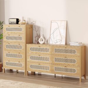 DWVO Natural Rattan 6 Drawer Dressers - Oak Wooden Dresser Chest of Drawers with Golden Handles - Modern Large Closet Boho Dressers Storage Cabinet for Living Room/Hallway/Entryway