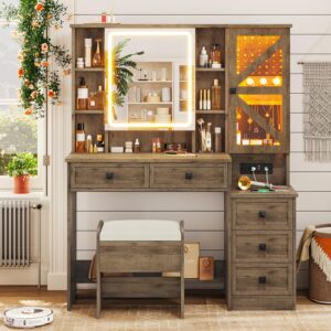 viagdo vanity desk with led lighted mirror and chair, 5 drawers makeup vanity set with charging station & rgb jewelry cabinet, farmhouse vanity table with open/hidden storage shelves for bedroom