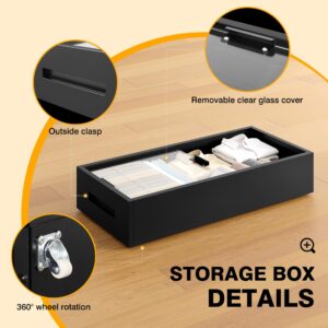 heycode Under Bed Storage with Wheel,Large Under Bed Clothe Storage Box with Clear Glass Lids,Rolling Under Bed Metal Drawer for Clothes,Shoes,Toys,Books,Bedding