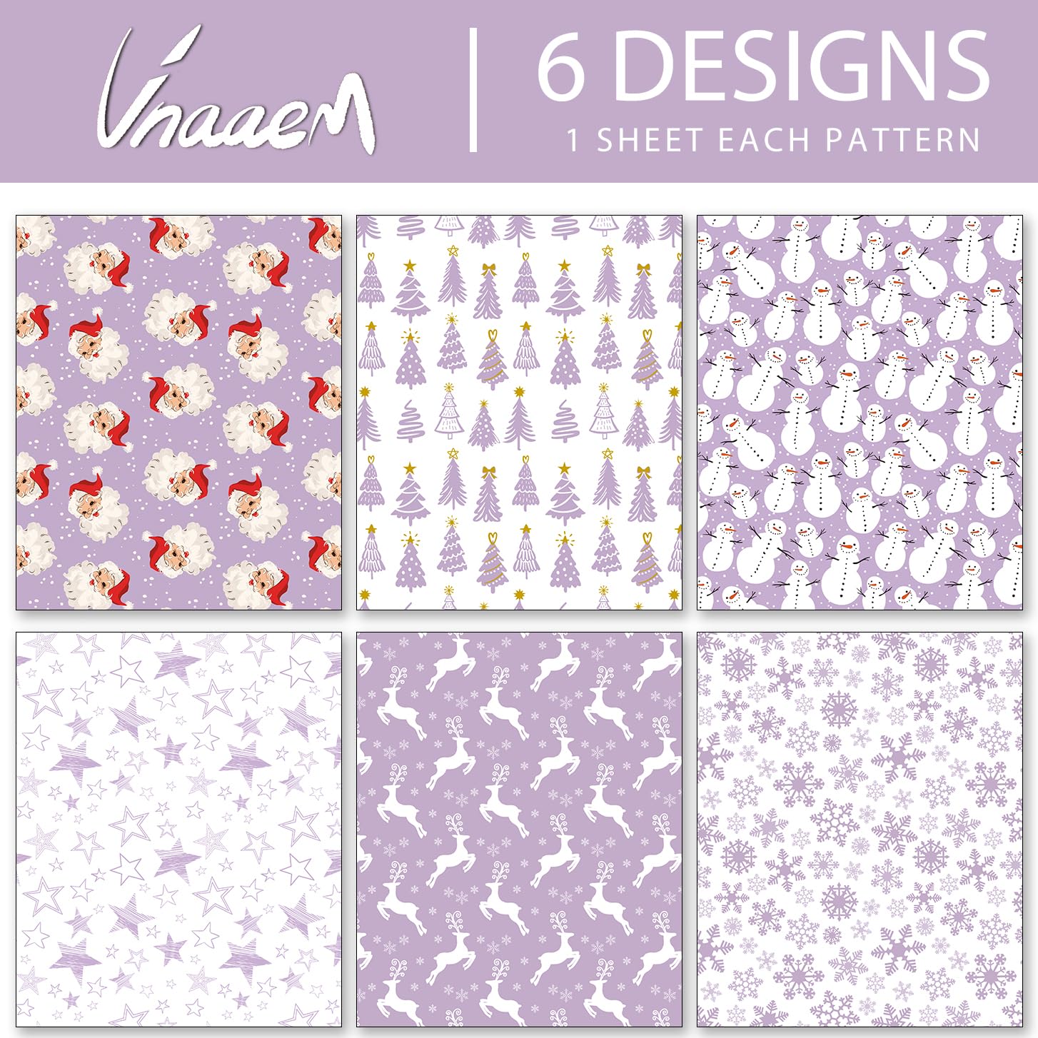 Vnaaem Purple Christmas Wrapping Paper Style Santa Reindeer Snowman Tree and Snowflake Holiday Style Gift Wrap Paper Folded Flat Xmas Art Paper for Winter Party Birthday Baby Shower - 20 X 28 Inches 6 Folded Sheet