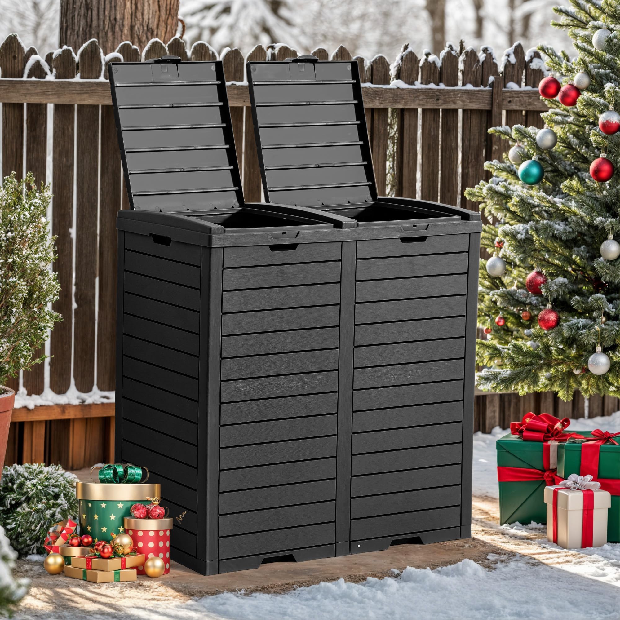 DWVO 62-Gallon Outdoor Resin Trash Can with Dual Lid and Drip Trays, 248 Quart Hideaway Garbage Bin for Porch, Backyard, Deck, Patio, Poolside, Easy Maintenance, 30.7''L x 16.3''W x 33.9''H (Black)