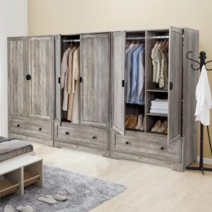 Bonnlo 38" Wide Armoire Wardrobe Closet with Hanging Rod, Adjustable Shelves and Drawer, Freestanding Wardrobe Closet with Doors, Bedroom Armoires and Wardrobes, Rustic Grey, 38" W x 20.5" D x 65" H