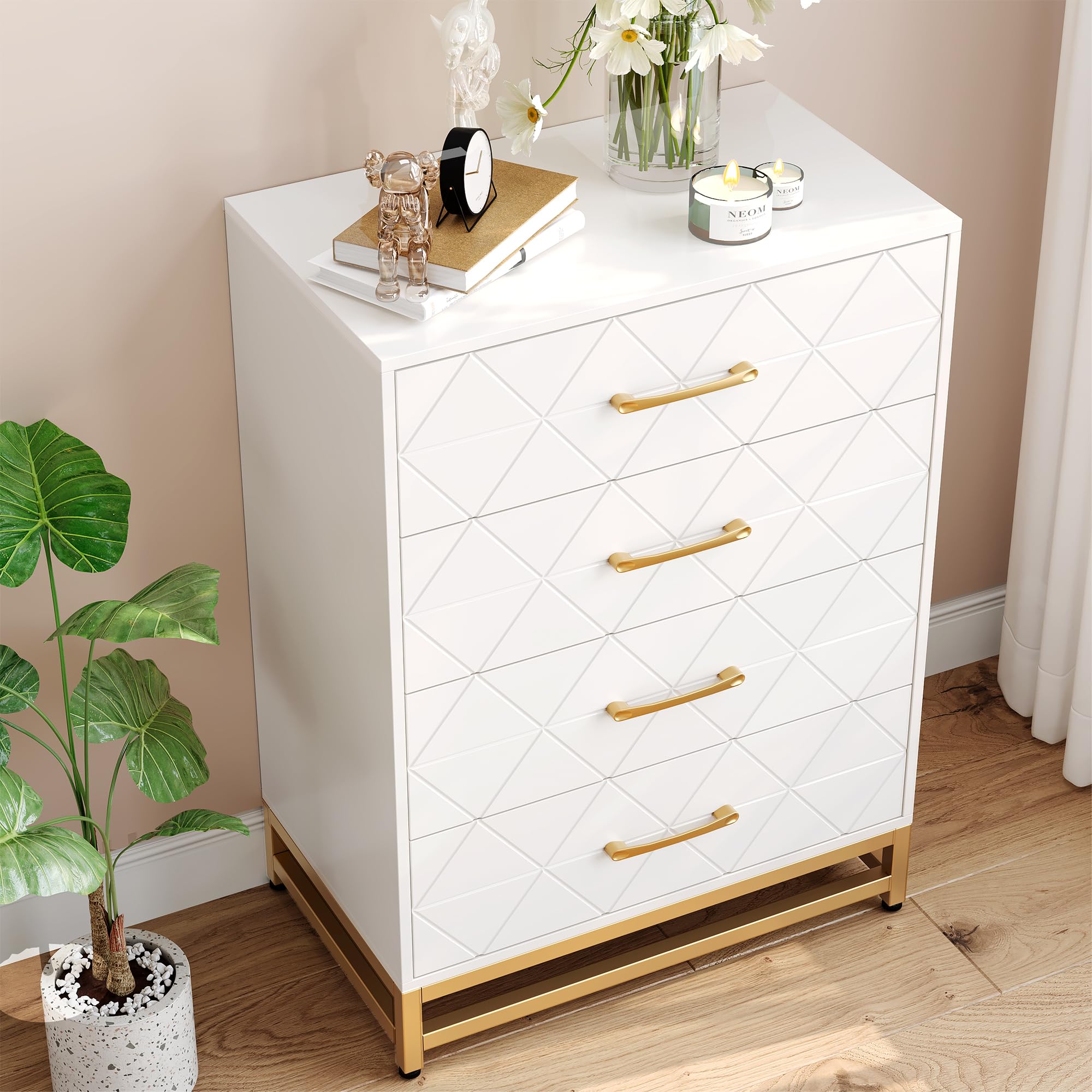 Patikuin 4 Drawer Dresser Dresser for Bedroom Wooden, Chest of Drawers White Dresser with Metal Handle, White Dresser for Bedroom,Living Room,Hallway and Entryway