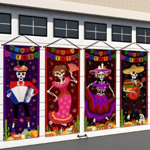 panelee 4 pcs day of the dead porch sign dia de los muertos decoration mexican sugar skull theme door banner halloween garage hanging decorations for indoor outdoor party home wall decor