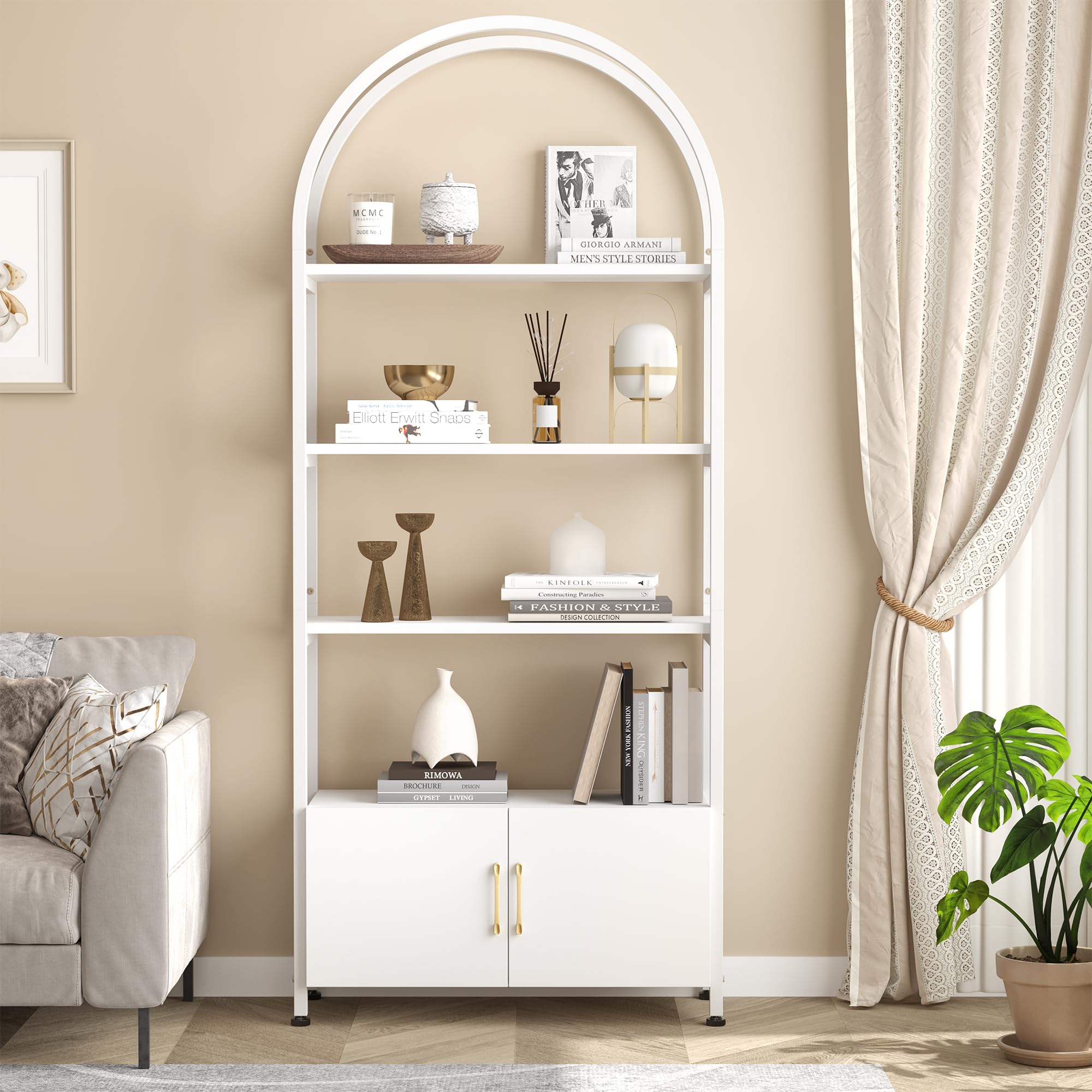 GarveeHome Arched Bookshelf, Modern Bookcase with Doors Storage, 71.5" Tall Freestanding Book Shelf with Studry Metal Frame, 4-Tier Arched Bookcase, Display Rack Shelf for Office,Bedroom, White