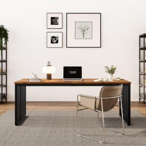 LITTLE TREE Two Person Desk, 78.74" Extra Long Computer Desk for 2 People, Rustic Brown Wooden Double Study Desk with Black Heavy Duty Metal Legs, Large Business Workstation for Home Office