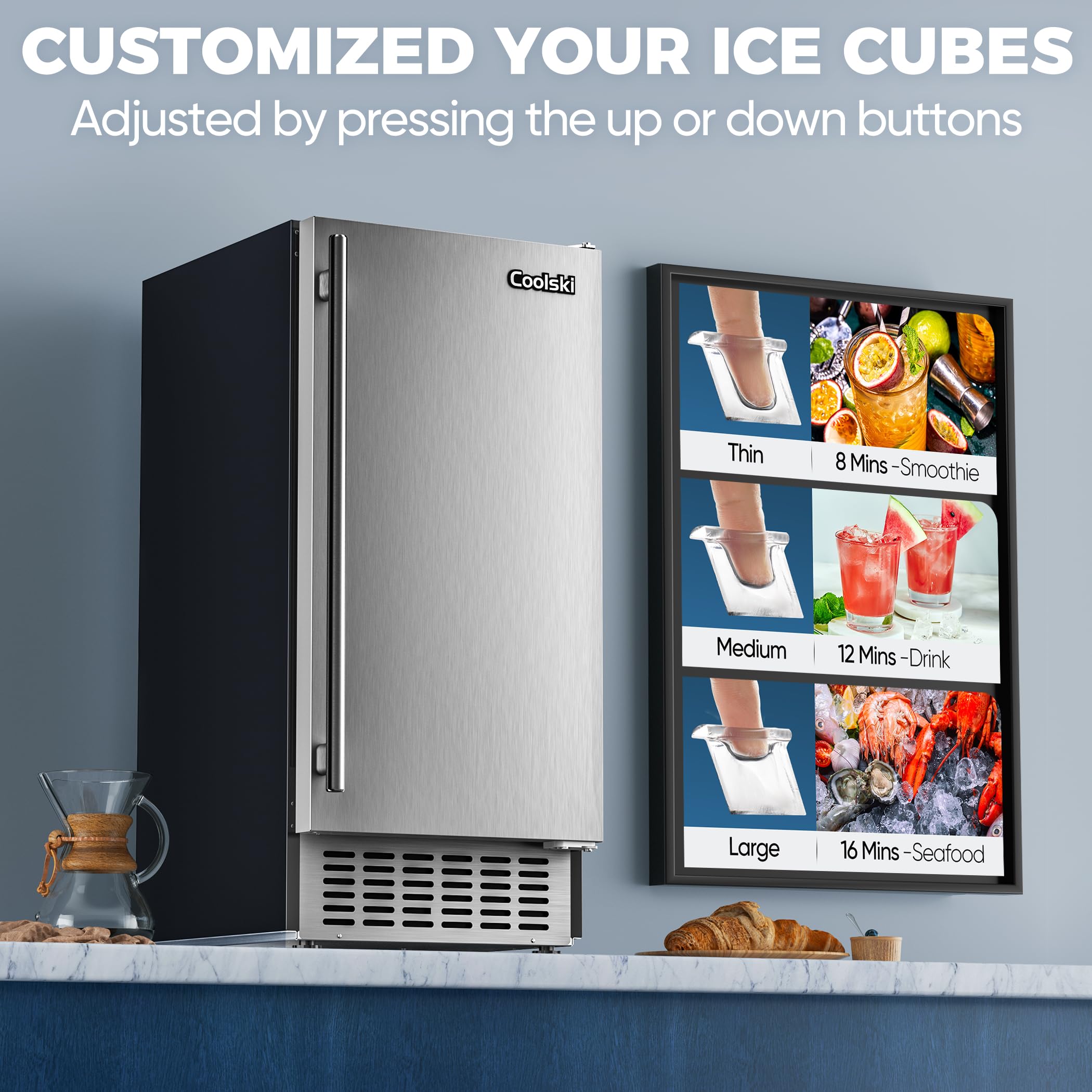 Coolski Commercial Under Counter Ice Maker Machine, 100LBS/Day with 30LBS Ice Storage, Stainless Steel Built-in Freestanding Ice Machine, Drain Pump, Water Filter, Ideal for Home Apartment Commercial