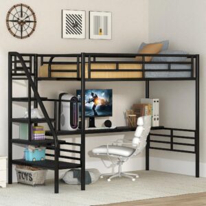 Twin Loft Bed with Desk and Storage Stairs, Heavy Duty Loft Bed with Atairs and Full-Length Guardrail, Twin Loft Bed for Kids, Teens(Black Loft Bed Twin Size)