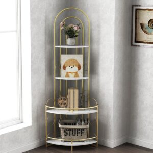 arched bookshelf，4 tier corner shelf stand,open bookshelf,gold bookcase for living room,home office, study, bedroom,bathroom modern style(white + gold)