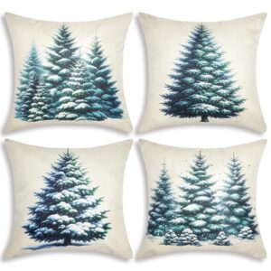 fanfanwin 4 pcs christmas pillow covers 18 x 18 inch watercolor christmas throw pillow covers rustic winter decor nature forest print seasonal pillow covers linen cushion cover for home couch sofa