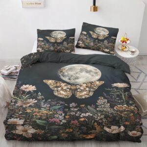 fjwxcbd moon duvet cover california king size, gothic moth pattern bedding set 3 piece for bedroom decor, celestial floral duvet cover & 2 pillow shams, with zipper & ties, super soft microfiber