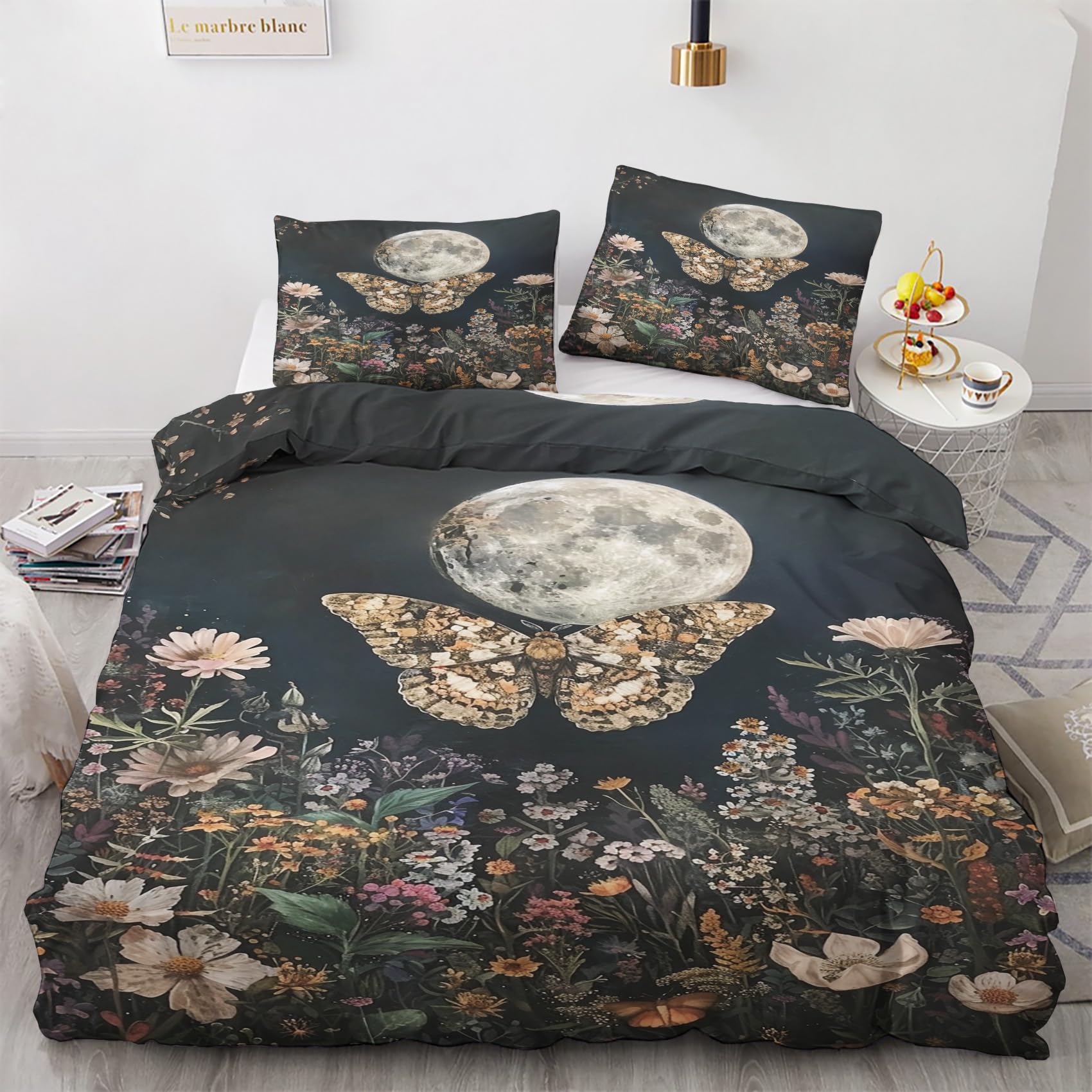 FJWXCBD Moon Duvet Cover California King Size, Gothic Moth Pattern Bedding Set 3 Piece for Bedroom Decor, Celestial Floral Duvet Cover & 2 Pillow Shams, with Zipper & Ties, Super Soft Microfiber