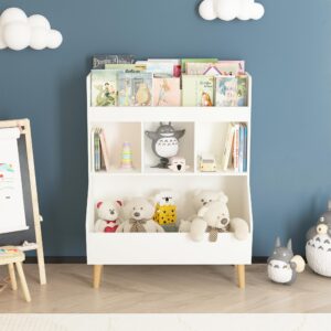 baomkong toy storage organizer, kids bookshelf and bookcase with solid wood legs, multifunctional bookshelf with storage, children bookcase for kids room, living room, nursery, white