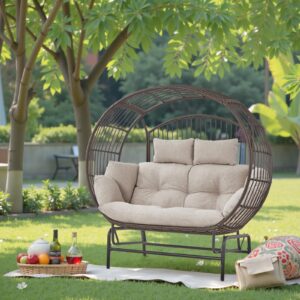 LUMIINOFAMI Outdoor Glider Egg Chair, Oversized 2 Person Egg Rocking Chair with Thick Cushions, Wicker Egg Chair Rattan Porch Furniture Loveseat Lounge Chair for Bedroom Sunroom Backyard(Brown)