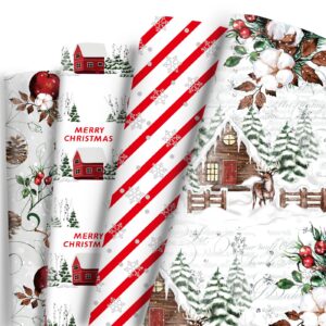 vnaaem white christmas wrapping paper red stripe snowy scene house holiday style gift wrap paper bulk for winter xmas birthday party - 20 x 28 inches 8 folded sheets