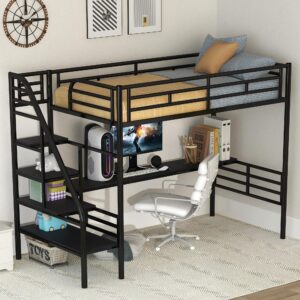 twin loft bed with desk and storage stairs, heavy duty loft bed with atairs and full-length guardrail, twin loft bed for kids, teens(black loft bed twin size)