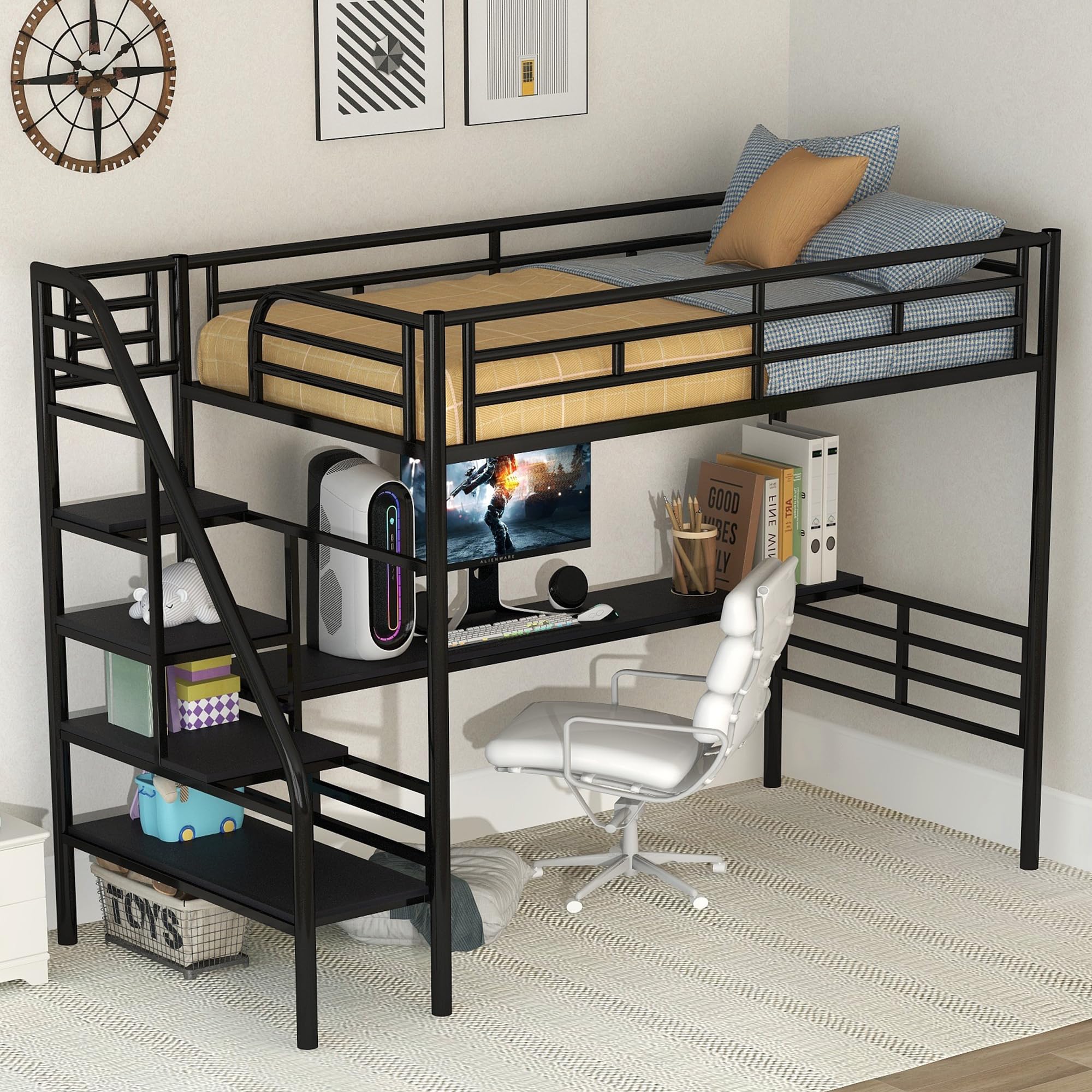 Twin Loft Bed with Desk and Storage Stairs, Heavy Duty Loft Bed with Atairs and Full-Length Guardrail, Twin Loft Bed for Kids, Teens(Black Loft Bed Twin Size)