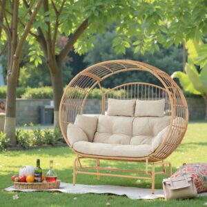 LUMIINOFAMI Outdoor Glider Egg Chair, Oversized 2 Person Egg Rocking Chair with Thick Cushions, Wicker Egg Chair Rattan Porch Furniture Loveseat Lounge Chair for Bedroom Sunroom Backyard(Yellow)