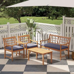 RELAX4LIFE Wood Patio Furniture Set - 4-Piece Outdoor Furniture w/Seat Cushions & Coffee Table, Loveseat Sofa Set for Balcony Porch Deck Poolside Backyard, Acacia Wood Conversation Set (Grey)