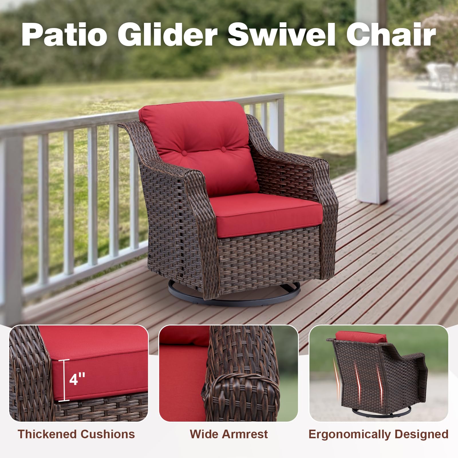 Outdoor Swivel Rocker Chair Set of 2, All Weather Wicker Glider Rocker Set, PE Rattan Swivel Rocking Chair with Side Table for Yard Balcony Deck Porch (Red, 3PC-Swivel Gliders & Side Table)