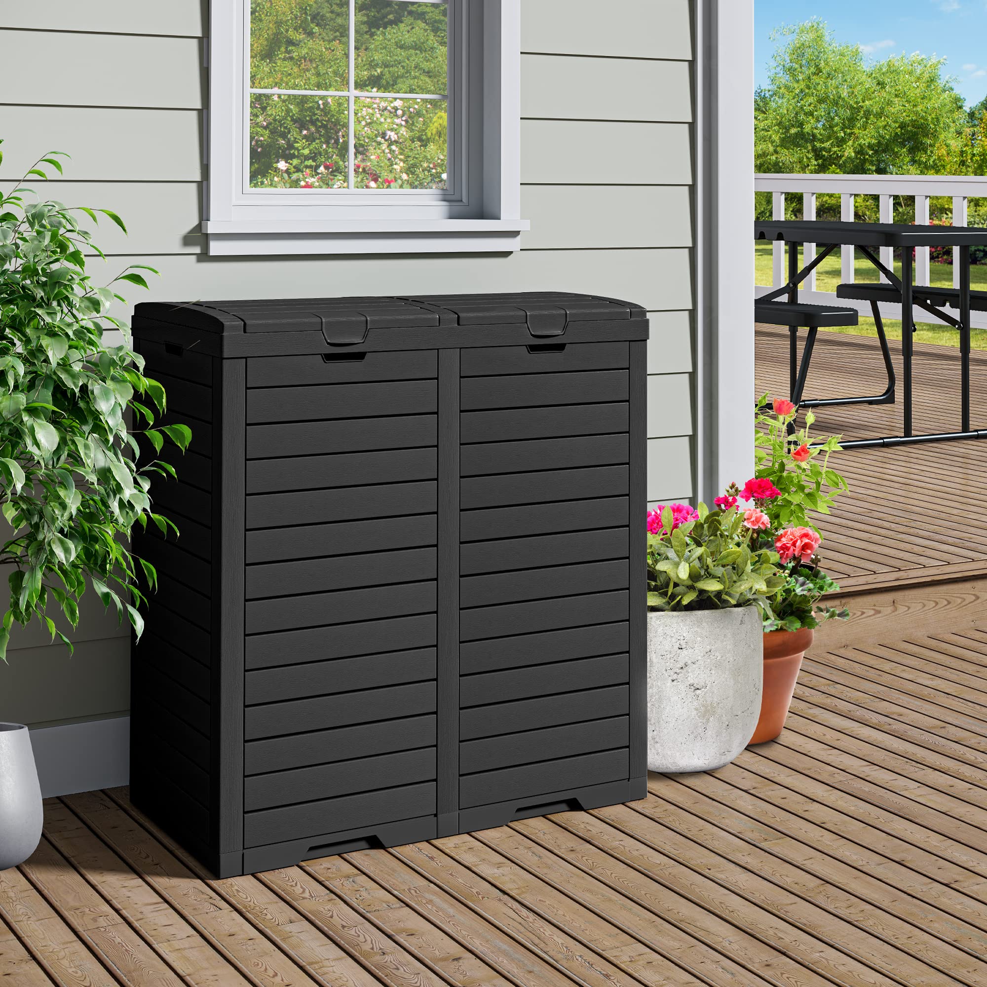 DWVO 62-Gallon Outdoor Resin Trash Can with Dual Lid and Drip Trays, 248 Quart Hideaway Garbage Bin for Porch, Backyard, Deck, Patio, Poolside, Easy Maintenance, 30.7''L x 16.3''W x 33.9''H (Black)