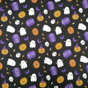 vizalo halloween theme digital print 300d water repellent 54" wide polyester woven fabric with pumpkin boo moon skull for decorations, patchworks, trick or treat bags, upholstery. (1 yard, black boo)