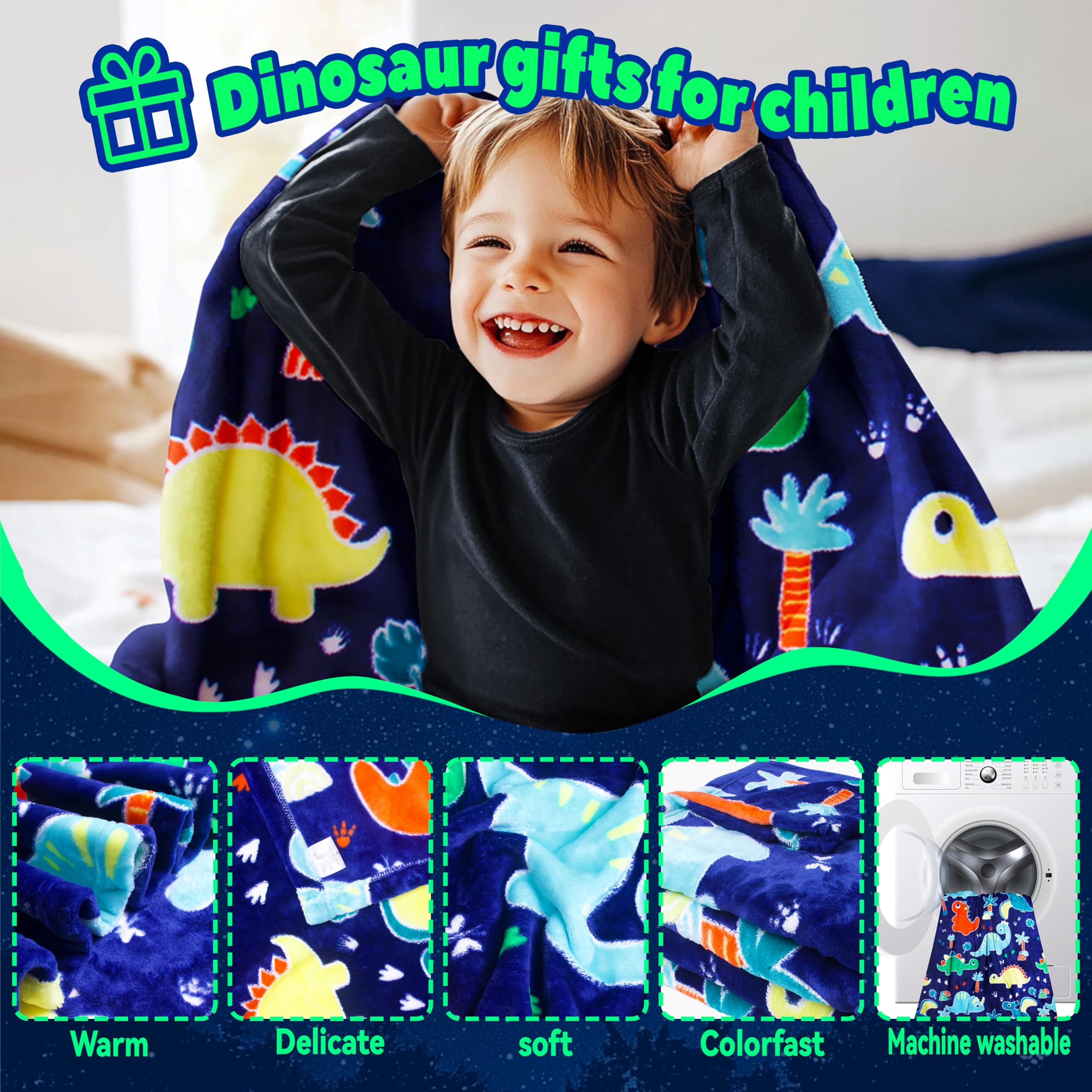 WMBLKT Dinosaur Blanket Glow in The Dark 40"x 50"Dino Blanket Throw Dinosaur Gifts for Kids Boys Girls