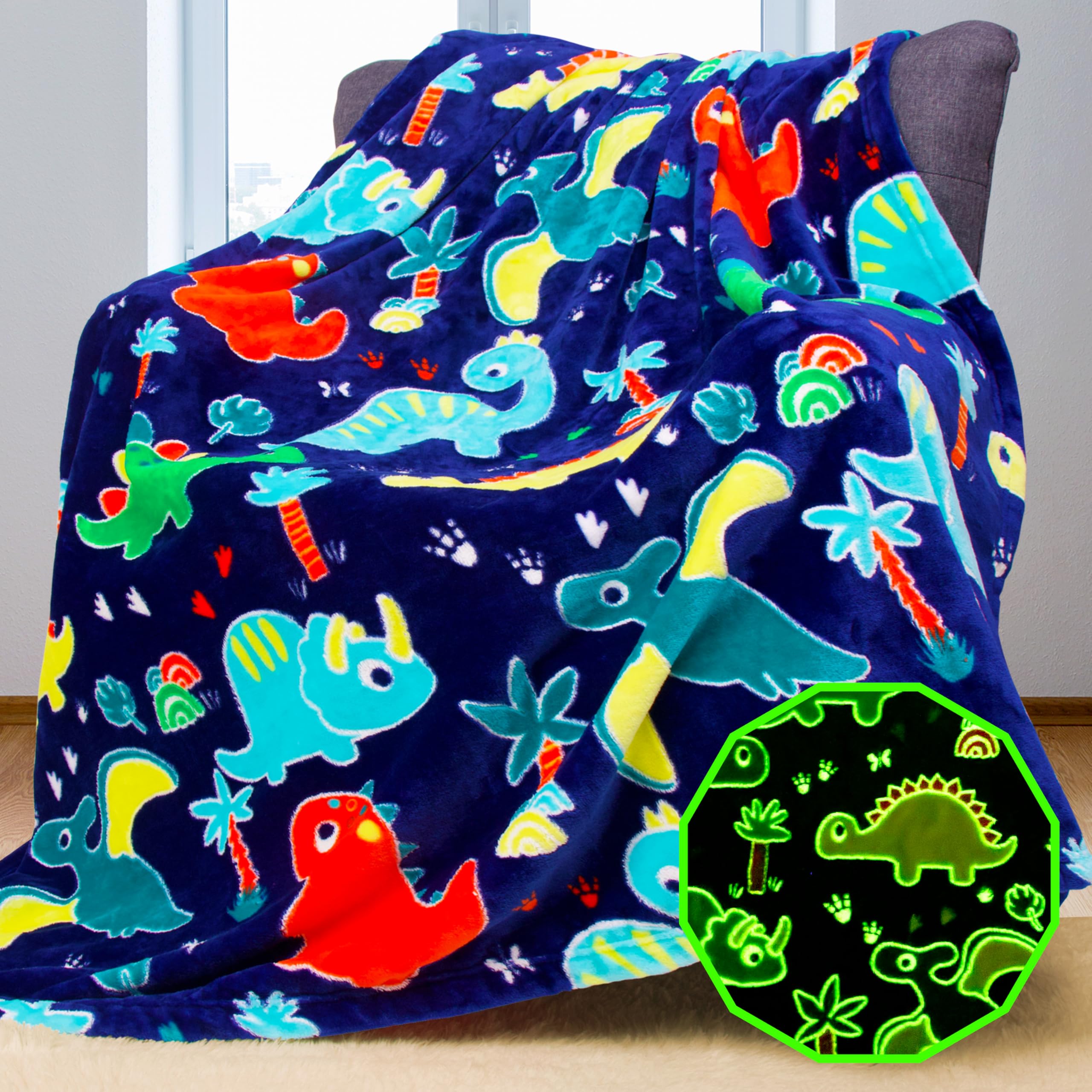 WMBLKT Dinosaur Blanket Glow in The Dark 40"x 50"Dino Blanket Throw Dinosaur Gifts for Kids Boys Girls