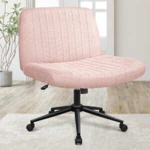 orange factory criss cross chair with wheels, armless cross legged office desk chair, wide comfy vanity rolling swivel modern comfortable fabric computer task chairs for home office (pink)